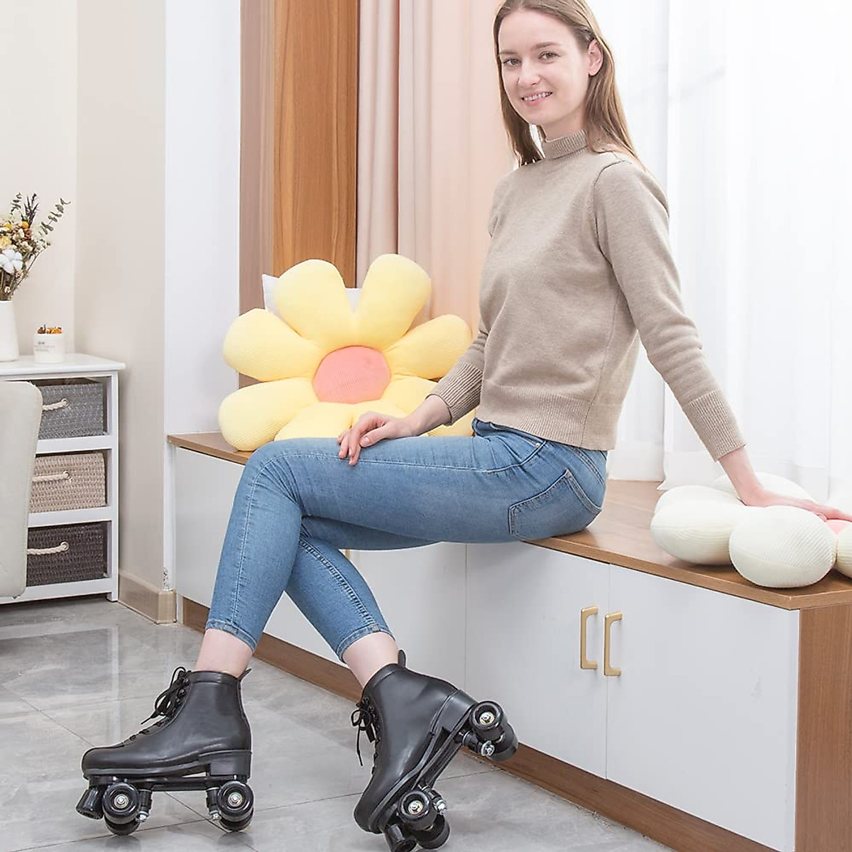 Roller Skates Women Men High-Top PU Leather Roller Skates Classic Double-Row Roller Skates Outdoor Indoor Quad-Skates with Light up Shoe Laces (Black Black Wheel, 42-US Men 8.5= Women 9.5)