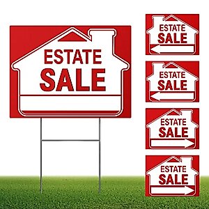 [5 Pack] Estate Sale Signs Set,18 x 14 Inch Estate Sale Yard Signs with Double Sided, Estate Sale Arrows Signs with Metal H Stakes,Property Sale Directional Arrows Signs,WEATHER-PROOF