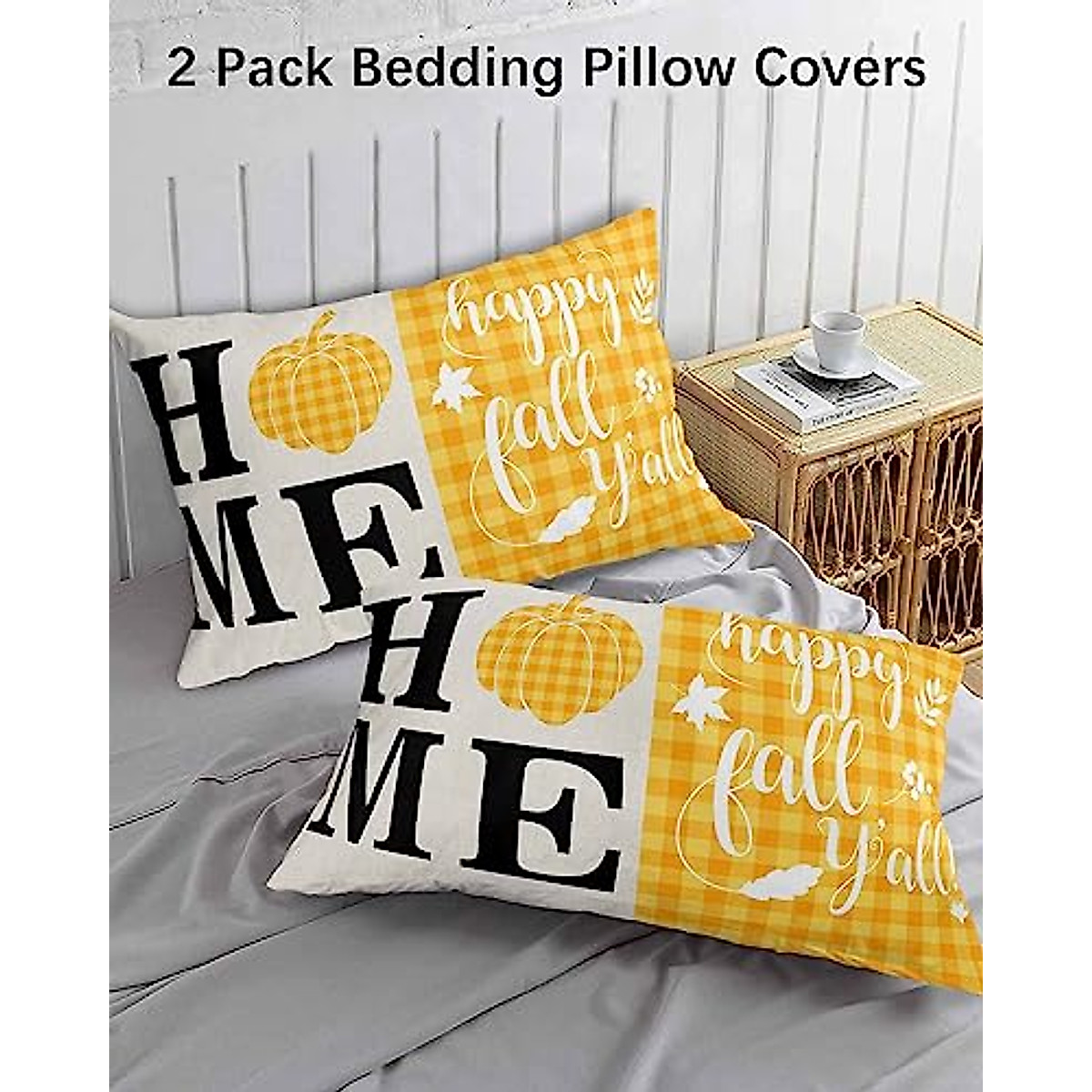 Edwiinsa Fall Pumpkin Pillow Covers King Standard Set of 2 Bed Pillow, Farmhouse Yellow Plaid Splicing Plush Soft Comfort for Hair/Skin Cooling Pillowcases with Envelop Closure 20''x36''