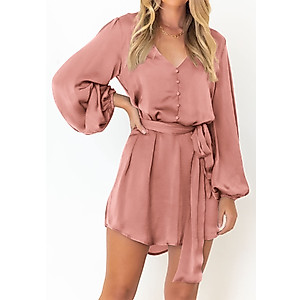 PRETTYGARDEN Women's Spring Long Puff Sleeve Satin Dress V Neck Cocktail Party Belted Short Formal Dresses (Dusty Pink,Medium)