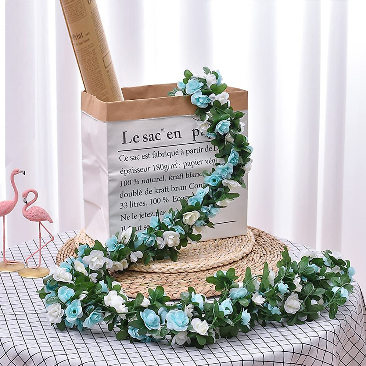 WEISPARK Fake Flowers - 4pcs 8.2 FT Artificial Rose Vine Flower Plants Hanging Rose Ivy for Home Hotel Office Wedding Party Garden Craft Art Décor (Blue&White)