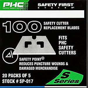 Pacific Handy Cutter SP017 Safety Point Blade for PHC Safety Cutters, Pack of 100, Sharp Edge, Safety Point Razor Blades for Injury Reduction, Cuts Boxes, Cardboard, Tape, Plastic Straps, and More