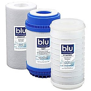 Blu Tech R3 and TRIO Water Filter Recharge Pack, 2.5” x 5” for RV Water Filter System, 0.2 Micron High Flow Filter, Granular Activated Carbon “Tasty”, and Sediment “Longevity” by Blu Technology