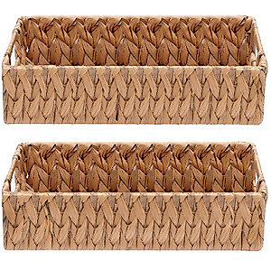 Wicker Storage Basket Water Hyacinth Baskets Pantry Storage Baskets,Wicker Open Storage Bins for Shelves,Handwoven Baskets for Bathroom,Decorative Basket with Handles,Set of 2 Pcs