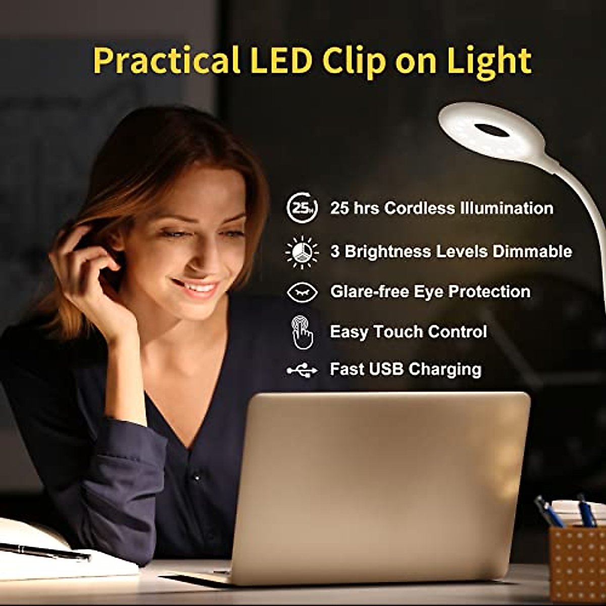 KLEAH Clip on Light for Bed & Desk, Reading in Bed, Dorm, Flexible Gooseneck, Battery Operated Rechargeable Clamp Lamp for Headboard, Eye-Caring LED Light with 3 Brightness Modes
