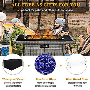 LayinSun 44" Propane Gas Fire Pit Table, 55000 BTU Rectangular Fire Pit with Glass Wind Guard for Outside Patio Deck Garden Backyard