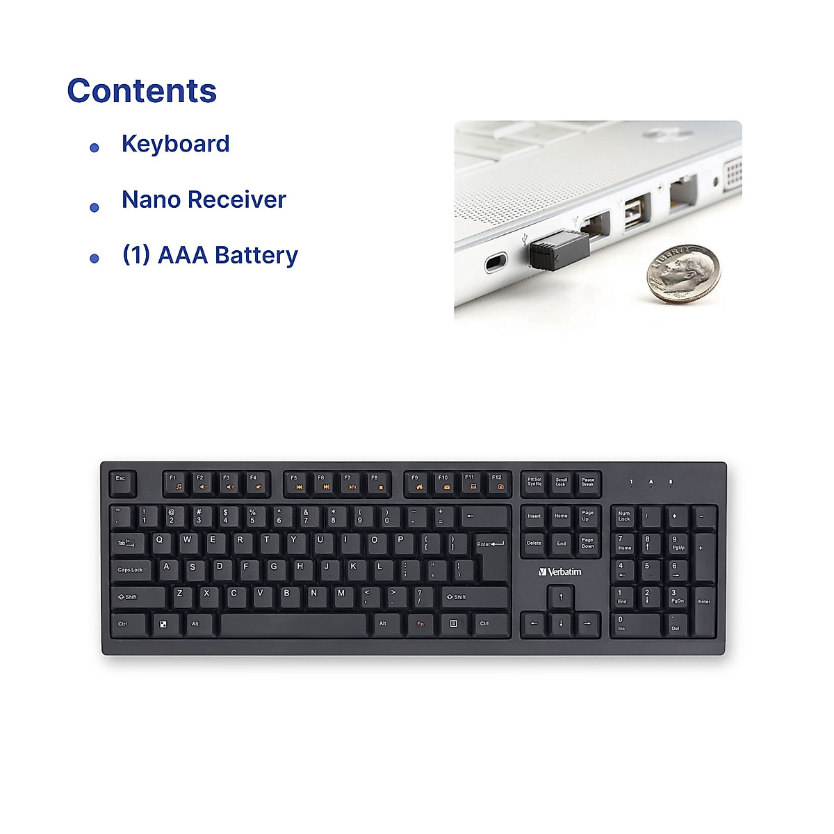 Verbatim Slimline Wireless Keyboard 2.4GHz USB Plug-and-Play Numeric Keypad Adjustable Tilt Legs Wireless Full-Size Computer Keyboard Compatible with PC, Laptop -Frustration Free Packaging Black 70738