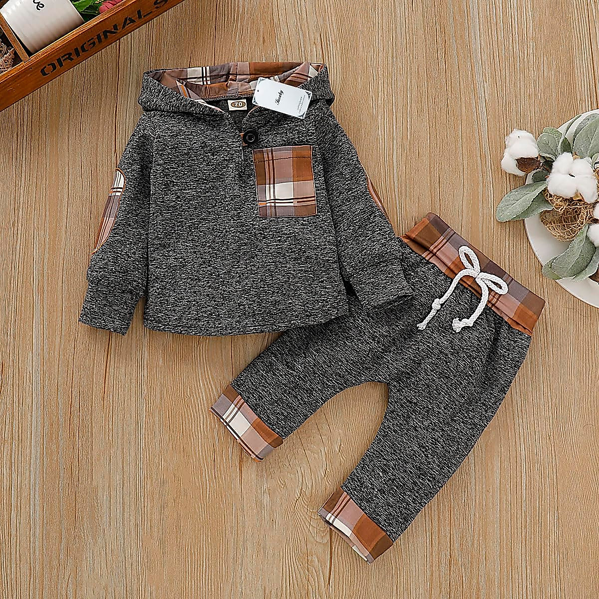 Baby Boy Clothes 1 Year Old Boy Fall Outfits Long Sleeve Plaid Sweatshirt Toddler Boy Outfits 12-18 Months Clothes Coffee