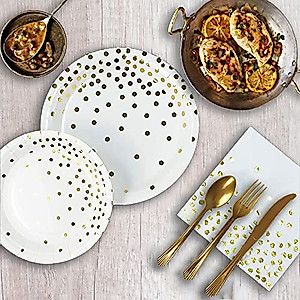 Guang Mao White and Gold Party Supplies-180 PCS Serves 30 Dinnerware Gold Dot Paper Plate, Napkins, Gold Plastic Forks Knives Spoons for Graduation, Birthday, Cocktail Party