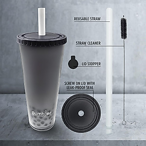 No Leak Reusable Boba Tea Cup | Tumbler in cute and unique Colors | 24 oz Large Double Wall Insulated | Wide Straw with lid and straw cleaner | Perfect for bubble milk tea or Smoothies - Black