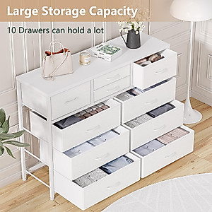 Jojoka Wide 10 Drawer Dresser,TV Stand Entertainment Center Fabric Storage Dressers Drawers for Bedroom, Hallway, Nursery, Closets, Steel Frame, Wood Top (White)