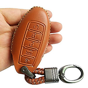 Hand Sewing 5 Buttons Leather Key Fob Cover Case Remote Holder Bag for 2017 2018 Nissan Rogue Maxima Altima Sedan Pathfinder Brown