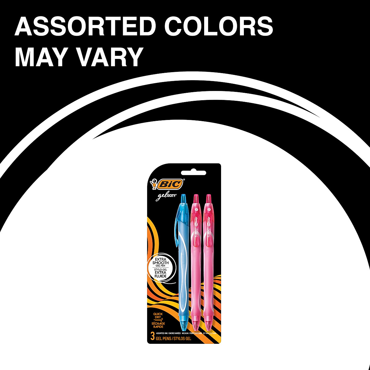 BIC Gel-Ocity Quick Dry Gel Pens, Medium Point Retractable Gel Pen (0.7mm), Assorted Colors, 3-Count