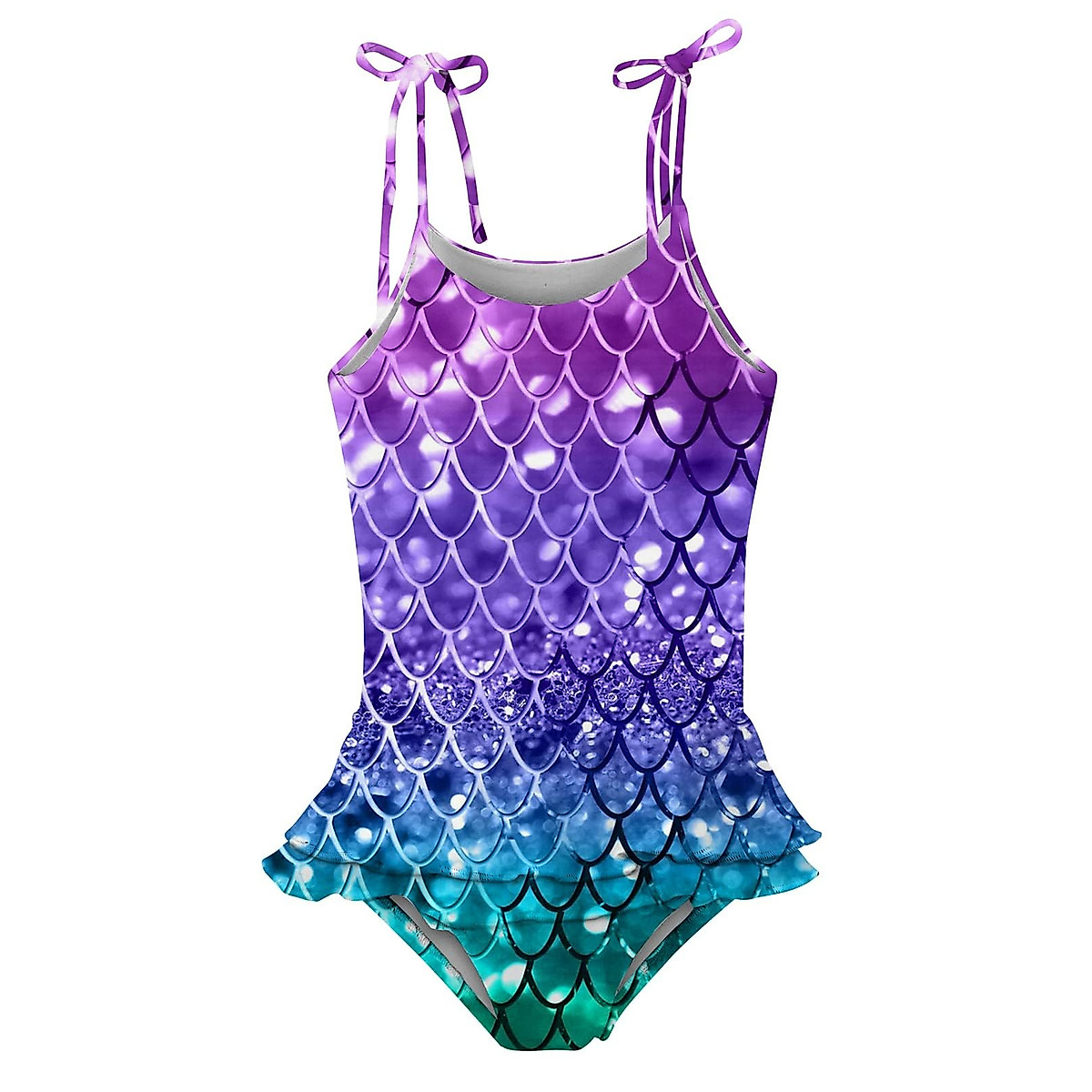 Lovekider Girl One Piece Bathing Suit Ruffle Off Shoulder Swimsuit Purple Mermaid Scales Cute Print Summer Bikini Swimwear 8-9 Years