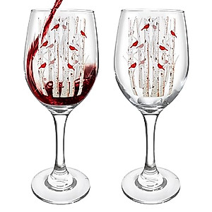 BANBERRY DESIGNS Cardinal Wine Glass - Set of 2 - Stemmed Glasses - Cardinals Perched on White Birch Trees - 7 3/4" Tall 12 oz