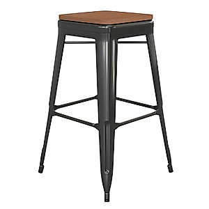 EMMA + OLIVER Kam 30" High Backless Bar Stool - Black Metal Frame - Teak Polyresin Seat - for Indoor/Outdoor Use