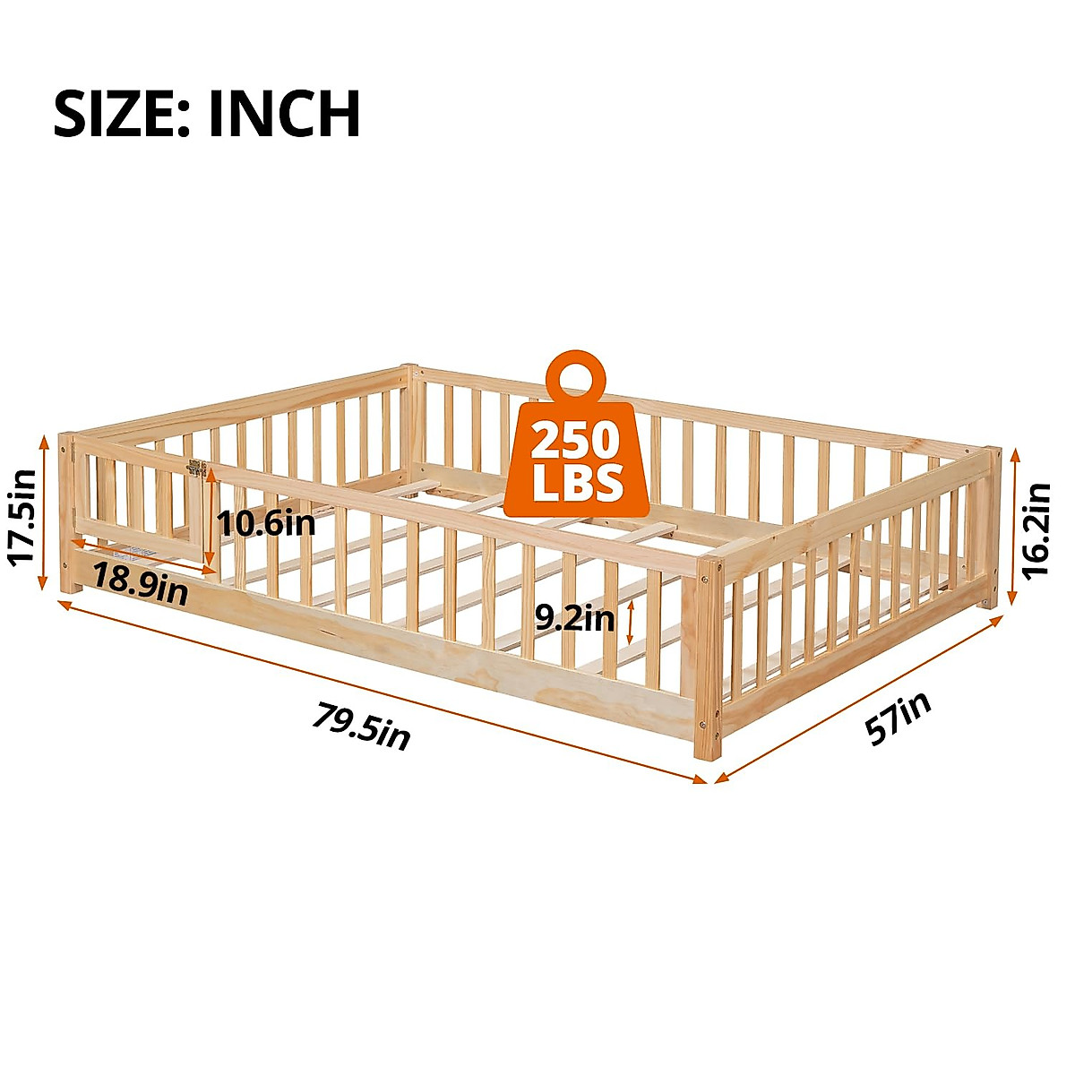 LLS Full Floor Bed for Children, Durable Montessori Floor Bed with Wood Slats, Safety Fence & Small Door, Wood Floor Bed Frame for Girls Boys and Children, Natural (with Bed Slats)