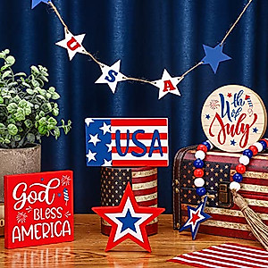 10 Pcs 4th of July Tiered Tray Decor Set Patriotic Tiered Tray Decor American Star Wood Signs Rustic Farmhouse Decor Red White Blue Signs Independence Day Decoration for Home Shelf (Fresh Style)