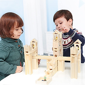 Wooden Marble Run for Kids Ages 4-8, 65 Pieces Wood Building Blocks Toys and Construction Play Set, Marble Track Maze Game STEM Learning Toys for Boys Girls (Natural Color Blocks)