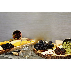Lushy Wino – Love The Wine You're With – Cute, Novelty, Etched Stemless 16-Ounce Wine Glass with Funny Sayings in Gift Box