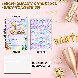 Birthday Party Invitations, Mermaid Birthday Invitations, Double-Sided Fill In Birthday Invites, Magical Glitter Birthday Party Favors Decorations Supplies, 20 Cards With 20 Envelopes(Invite-A05)