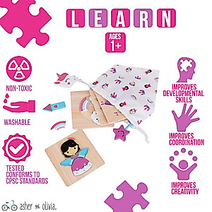 Princess Jigsaw Puzzle and Wand Set - Storage Bag Included - Rainbow, Unicorn and Castle Set - Puzzle for Toddlers 1-3