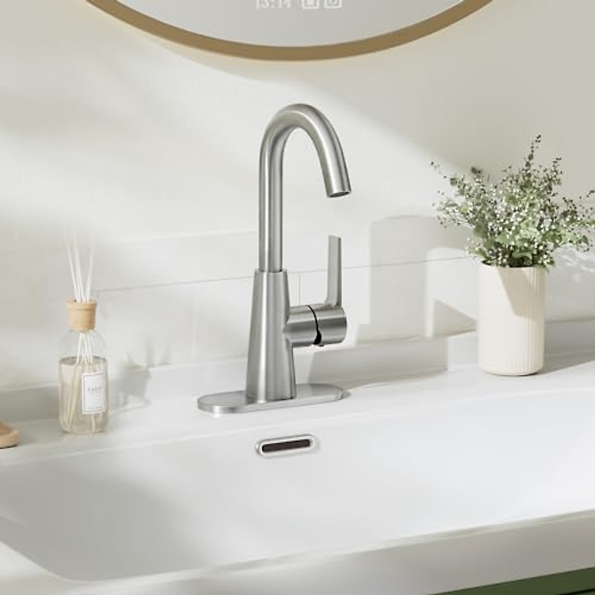 Phiestina Single Hole Brushed Nickel Bathroom Sink Faucet/Bar Sink/Pre-Kitchen Sink Faucet with 4 Inch Deck Plate,Drain and Supply Hoses, WE10-BN