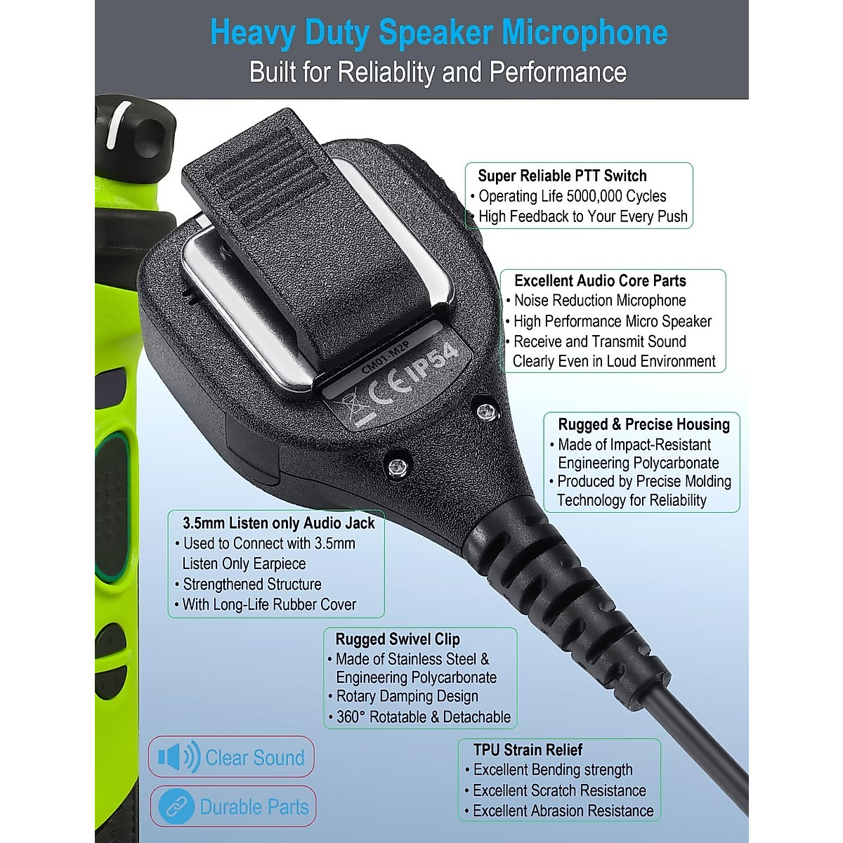 commountain Speaker Mic for Motorola Radios R2 BPR40D BPR40 CP100D CP200D CP200 CP185 CLS1410 CLS1110 DLR1060 RDU4100 RDU4160D RMU2040 RMU2080D CLS DTR RDU RMU, 2 Pin Shoulder Microphone