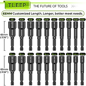 TLEEP 20 x Magnetic Nut Driver Set for Impact Drill + 3 x Power Drill Bit Extensions(50/100/150mm) + Storage Bag, 65MM Metric & SAE 1/4" Impact Driver Drill Bit Set, Cr-V Steel Screwdriver Socket Set