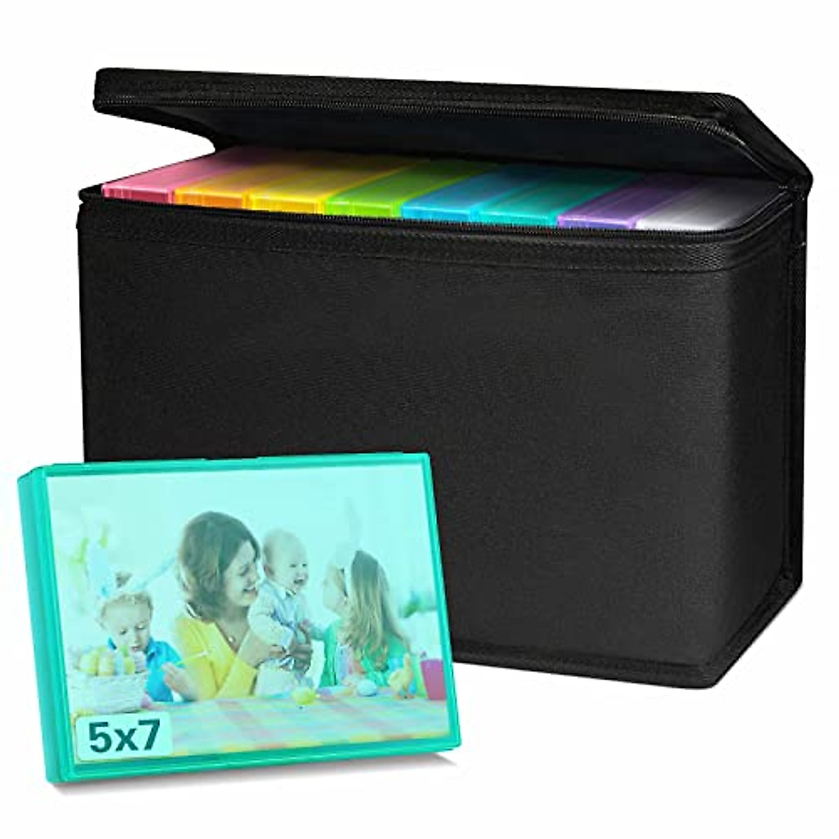 iBune Large 5x7 Photo Storage Box, 8 Inner Photo Cases Store up to 1000 Pictures, Photo Organizer with Zipper Cloth Bag, Cards Craft Keeper with Handle for Photo Cards Seed Storage, Rainbow