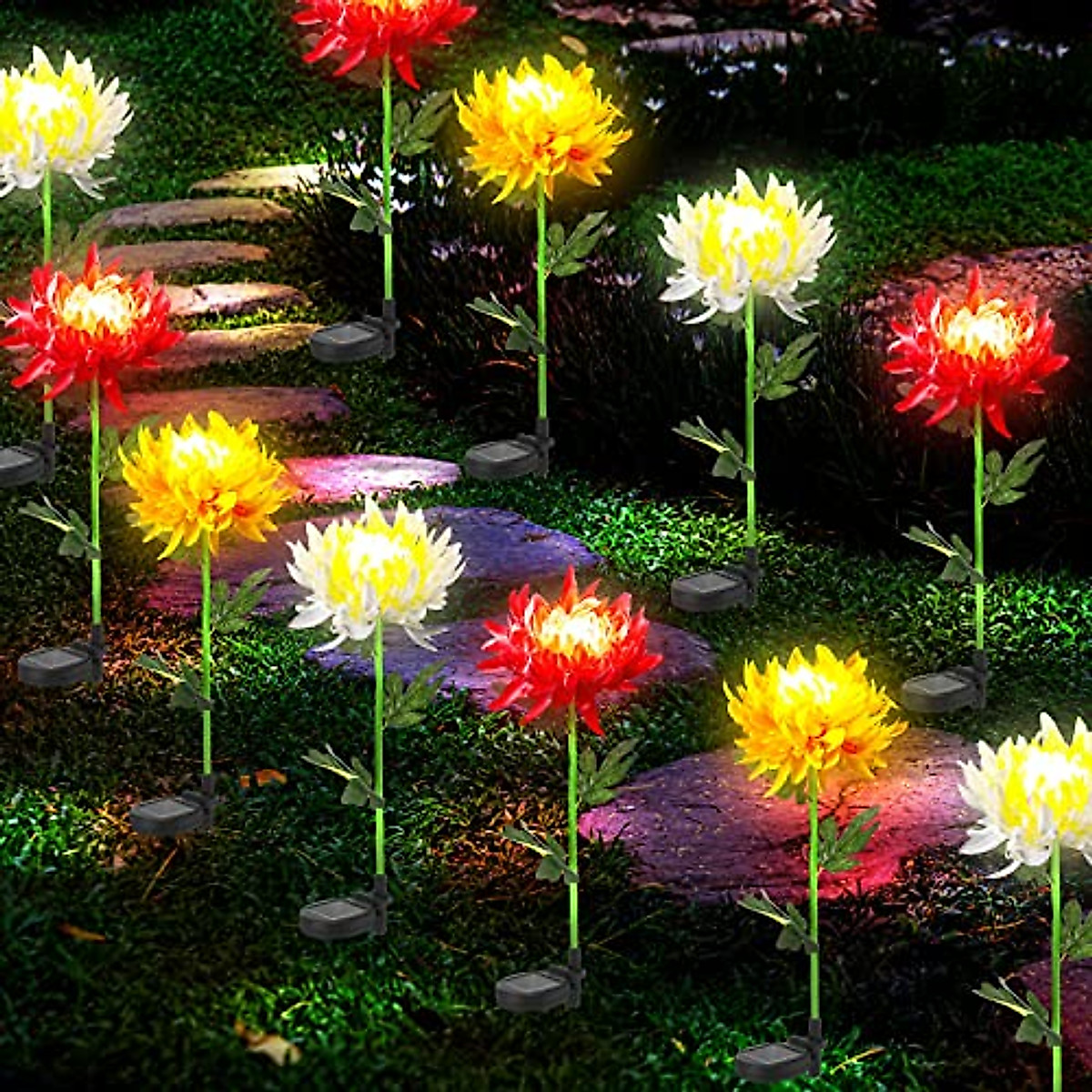 12 Pcs Solar Flower Lights Waterproof Garden Outdoor Chrysanthemum Lights Led Decorative Flowers Stake Light for Home Backyard Pathway Patio Yard Walkway Porch Fences Decorations, Yellow Red White
