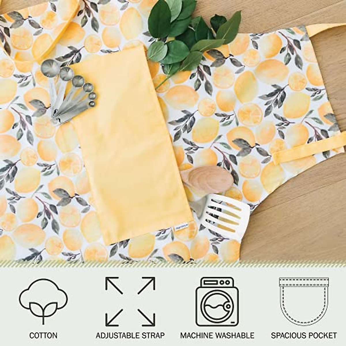 Sage+Stitch Adjustable Designer Kitchen Apron for Adults | 100% Machine Washable Cotton Cooking Apron with Pockets and Adjustable Neck Buckle | 27" Wide x 33" Long | Yellow Lemons