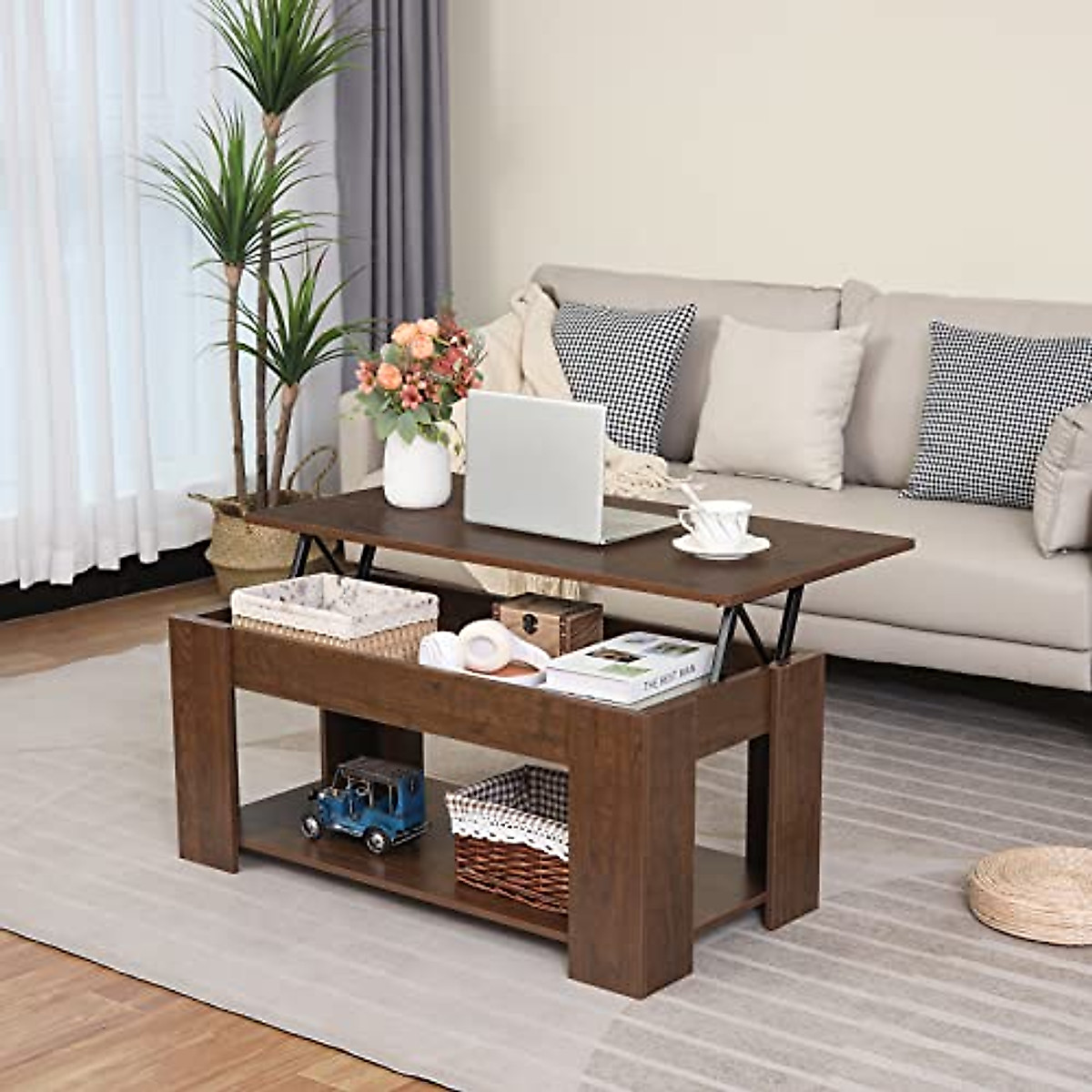 WEENFON 38" Lift Top Coffee Table with Hidden Compartment & Open Storage Shelf, Pop Up Coffee Table for Living Room, Office, Espresso