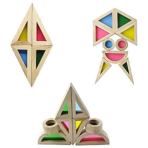 Agirlgle Wood Building Blocks Set for Kids 24 Pcs Rainbow Stacker Stacking Game Construction Toys Set Preschool Colorful Learning Educational Toys - Geometry Wooden Blocks for Boys & Girls