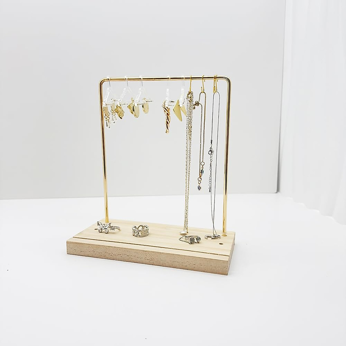Lemonades Earring Hanger Holder Rack Tabletop Jewelry Display Stand, Unique 2-Layers Metal Hanging Earring Towers Mini Earring Holder with Wood Base
