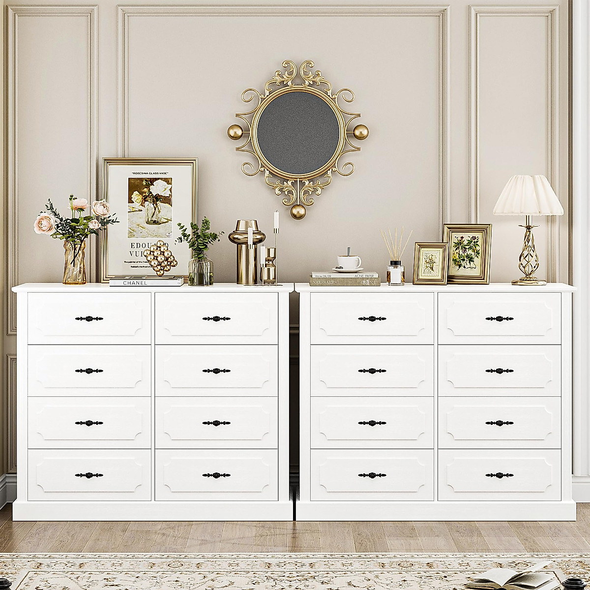 FINETONES White Dresser Chest of Drawers, 47.2“ Wood Dresser 8 Drawer with Steel Handles, Modern Dresser Drawers Floor Storage Cabinet for Living Room Hallway Office