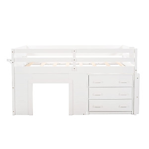 Bellemave Low Loft Beds with 3 Drawers Twin Loft Bed Frame with Cabinet and Bedside Tray Wood Farmhouse Loft Bed for Kids Girls Boys Teens, White