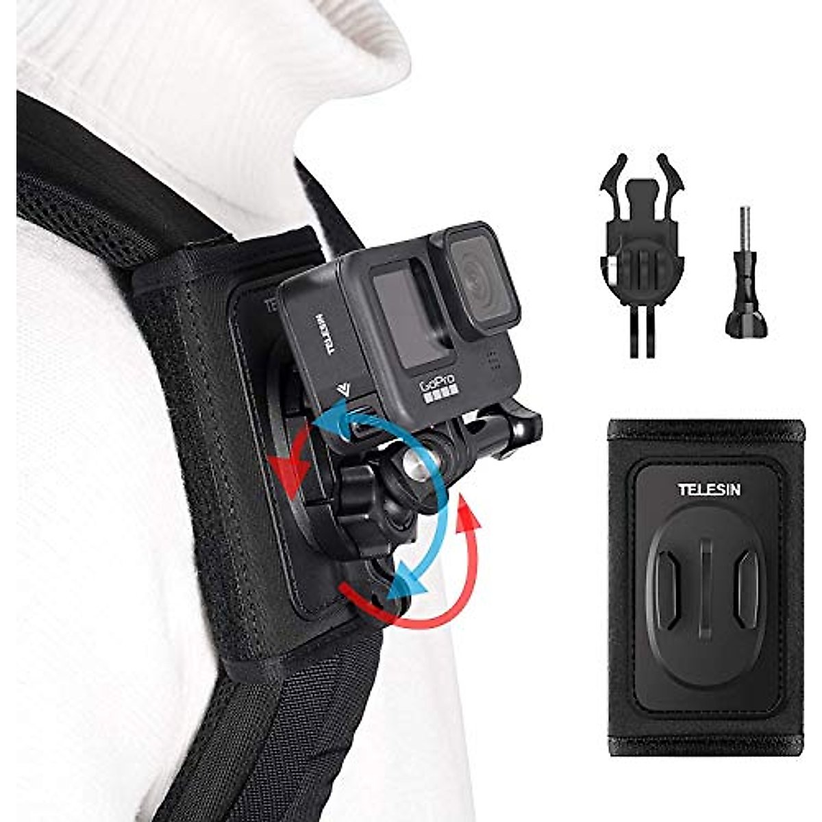 TELESIN 360 Rotation Bag Backpack Shoulder Strap Mount with Adjustable Pad and J Hook, Strap Holder Attachment for GoPro Max Hero 11 10 9 8 7 6 5, Osmo Action, Insta360