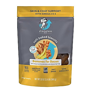 Shameless Pets 32 oz or 2 lbs Soft-Baked Dog Treats, Bananas for Bacon 1 Pack - Natural & Healthy Dog Chews for Skin & Coat Support with Omega 3&6 - Baked & Made in USA, Free from Grain, Corn, Soy