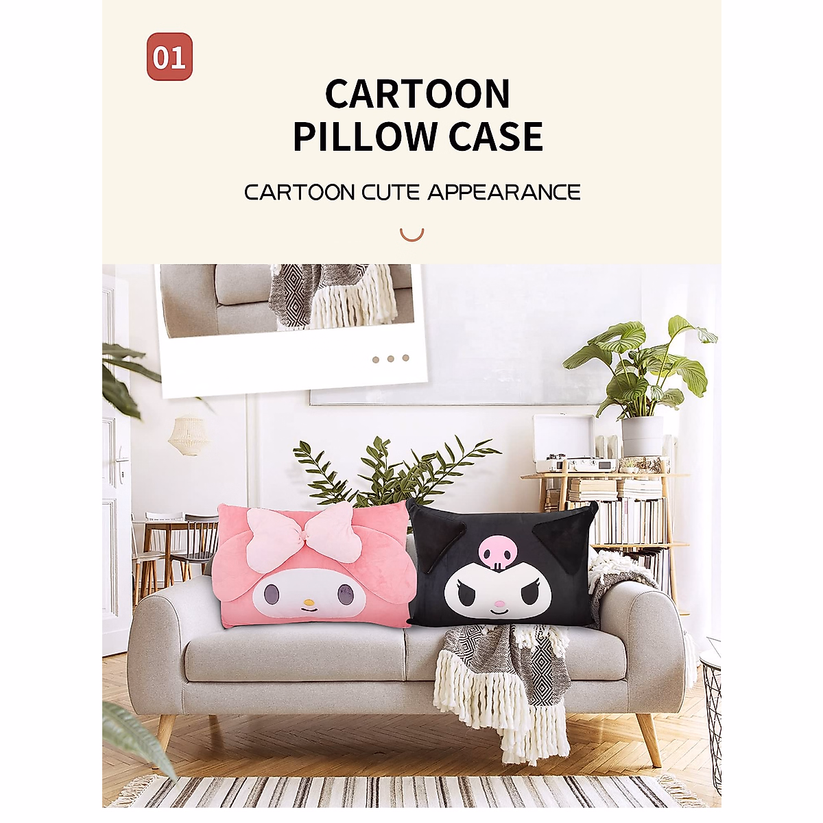 Cartoon Cute Pillowcase Anime Double Sided Plush Pillowcase Girl Bedroom Decoration Cute Cotton Pillowcase + Cute Cartoon Hairpin (Black+Pink)