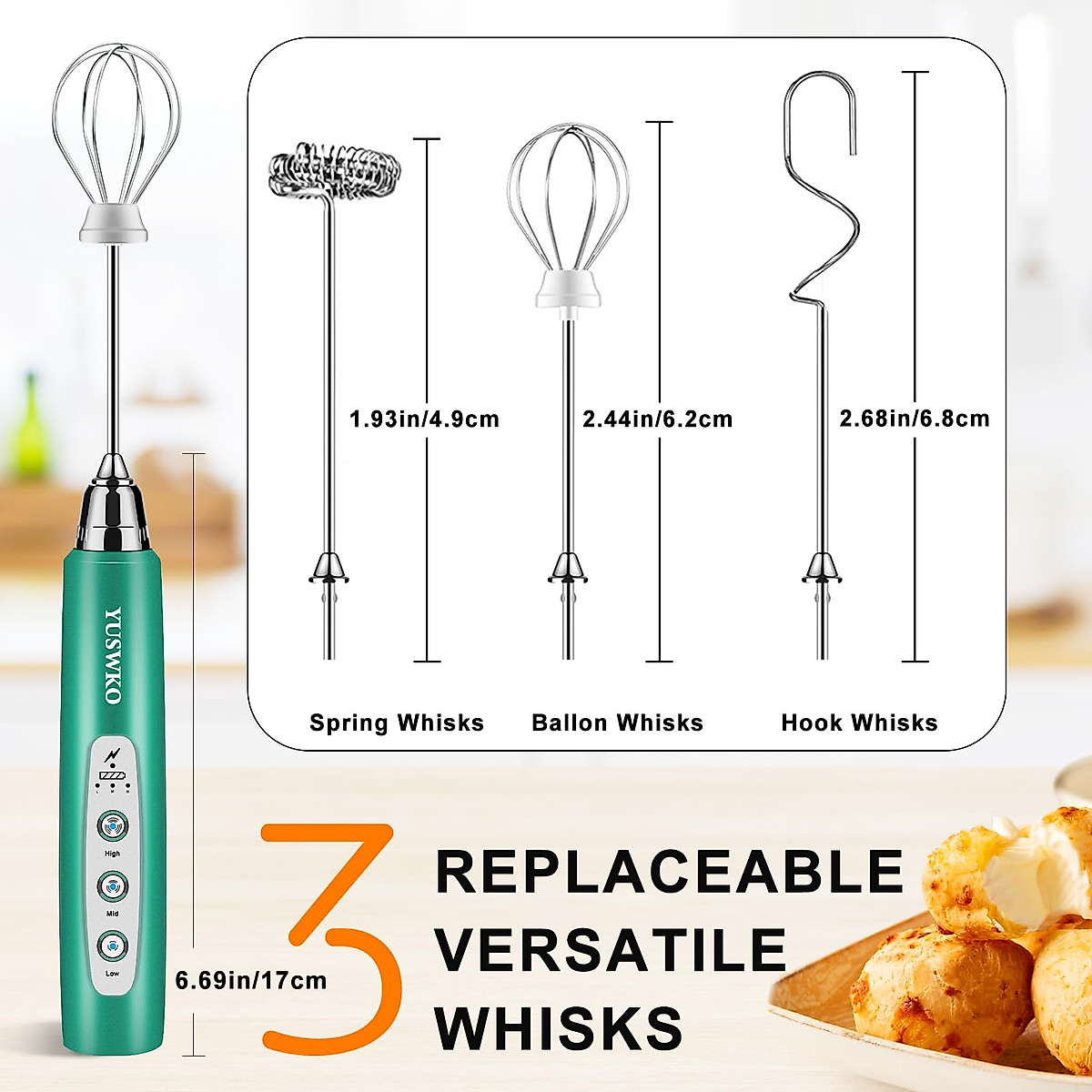 YUSWKO Milk Frother Handheld with 3 Heads, Coffee Whisk Foam Mixer with USB Rechargeable 3 Speeds, Electric Mini Hand Hand Frother for Latte, Cappuccino, Hot Chocolate, Egg - Green