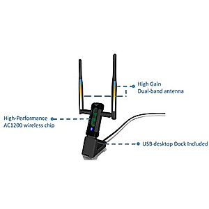 Alfa Long-Range Dual-Band AC1200 Wireless USB 3.0 Wi-Fi Adapter w/2x 5dBi External Antennas - 2.4GHz 300Mbps / 5Ghz 867Mbps - 802.11ac & A, B, G, N