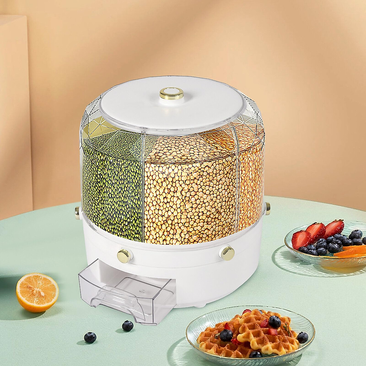 Opulentia Rice Dispenser Dry Grain Food Storage Container Tank 6-Grid Rotating for Kitchen 6 in1 Grain Storage Tank Rotating Rice Bean Oatmeal Food Dispenser Container (Style two)