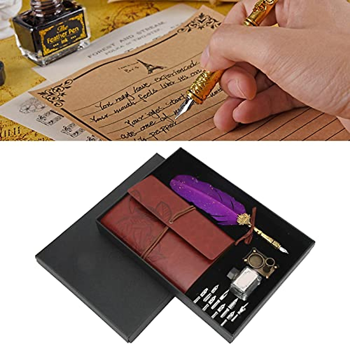 Quill Pen Set, Antique Calligraphy Feather Pen Set with 8 Nibs Pen Holder Notebook for Beginner Enthusiast