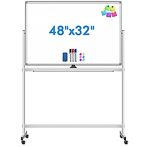Large Rolling White Board, 48 x 32 inches Double-Sided Mobile Whiteboard, maxtek Reversible Magnetic Dry Erase Board Easel Standing Whiteboard on Wheels for Home Office Classroom, Silver
