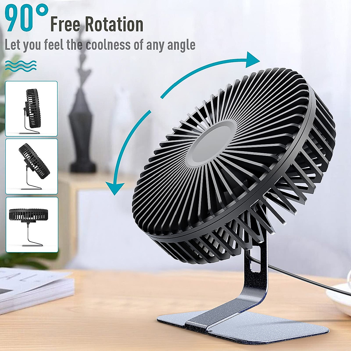 xasla 6'' USB Desk Fan, 4 Speeds Small Desk Fan, Ultra Quiet Electric Plug In, 90° Adjustment, Strong Wind, USB Powered, Portable Desktop Table Fan for Home Office
