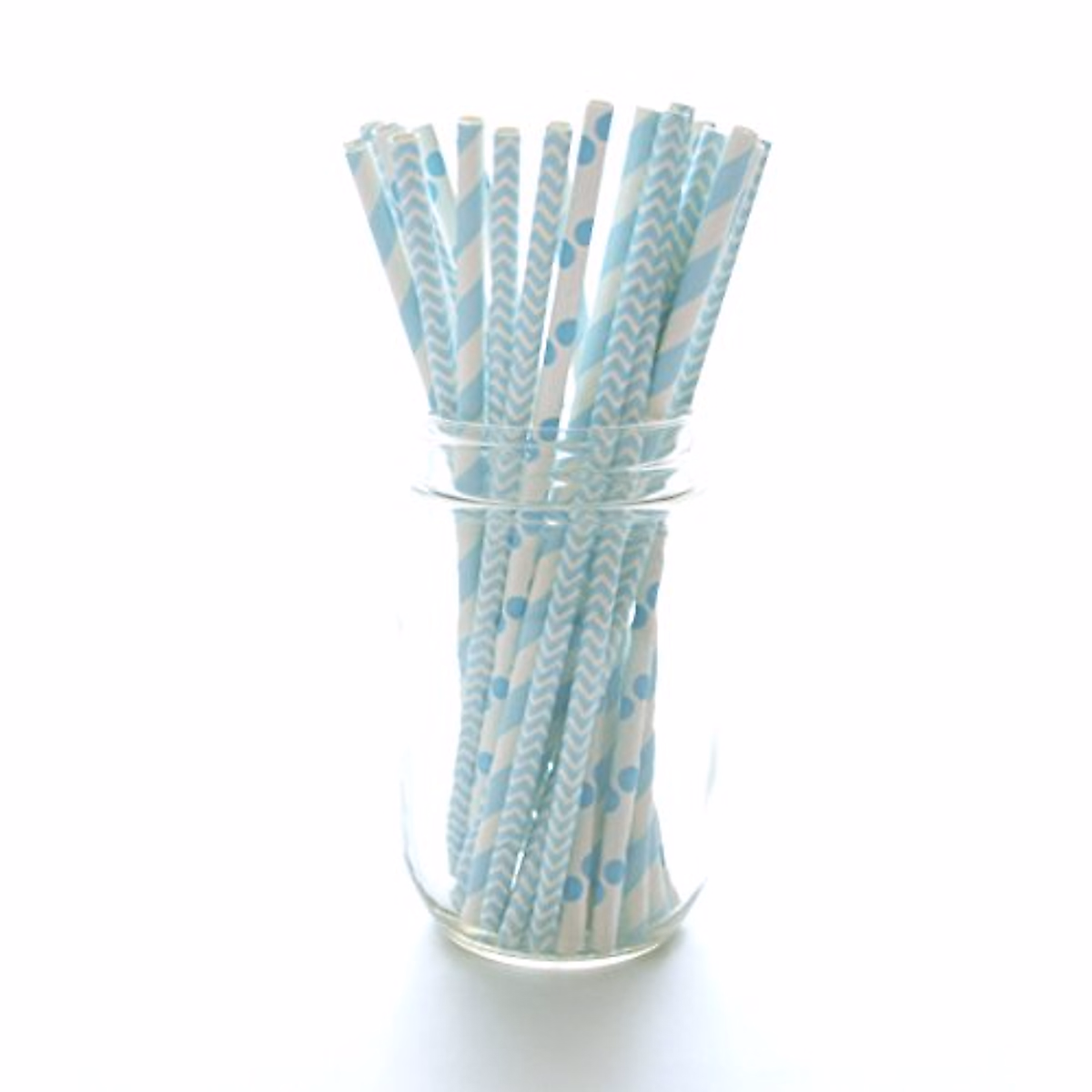 Baby Boy Blue Baby Shower Straws (25 Pack) - Baby Shower Supplies, Boy Birthday Party Straws, Stripe Chevron & Polka Dot Light Blue Paper Straws