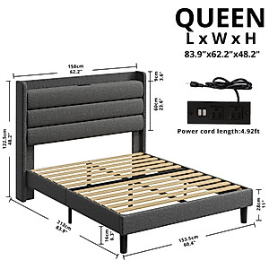 LIKIMIO Queen Size Bed Frame, Storage Headboard with Outlets, Sturdy and Stable, No Noise, No Box Springs Needed, Dark Gray