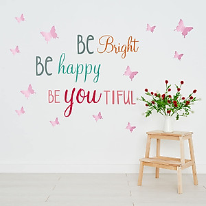 20 Sheets Inspirational Wall Decals Girl Quote Set 12 Sheets 3D Butterfly, Smart Strong Fearless, Be Bright, Be Happy, BeYouTifu Vinyl Decals Sayings Art Vinyl for Bedroom Classroom