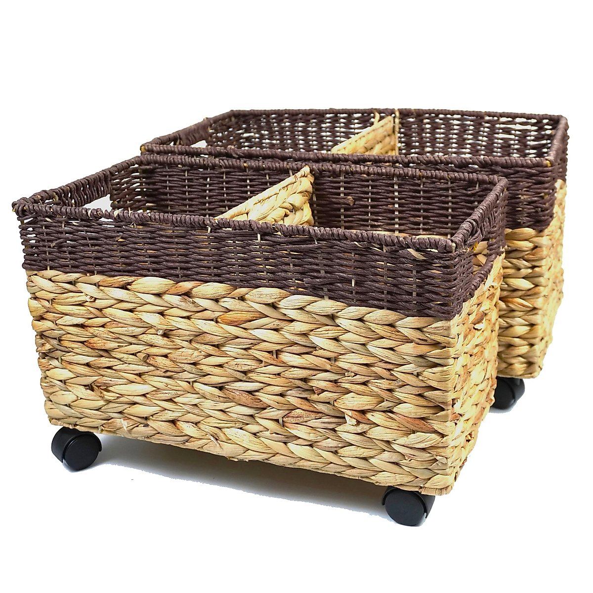 PEMAR Set 2 (different sizes nesting in a set) Natural Wicker Rolling Storage Baskets on Wheels w Insert Handle, Under Table Under Desk Storage Bins, Mobile File Cabinet Organiser. Water Hyacinth